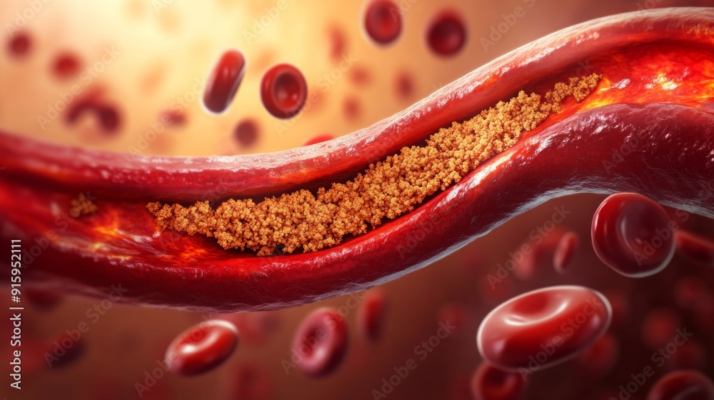 3D medical illustration depicting an artery partially blocked by a ...