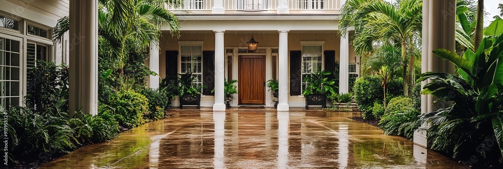 Florida luxury home with prominent teak door entryway and shuttered ...