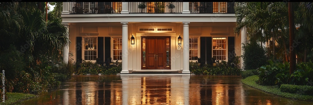 Florida luxury home with prominent teak door entryway and shuttered ...