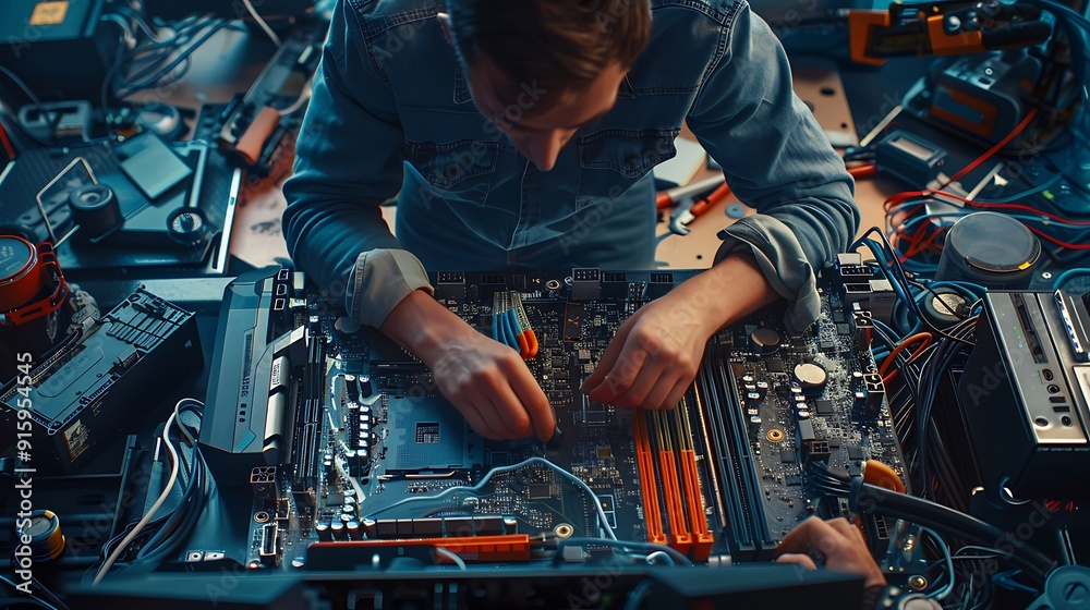 specialist disassembling and fixing computer with all its implements ...