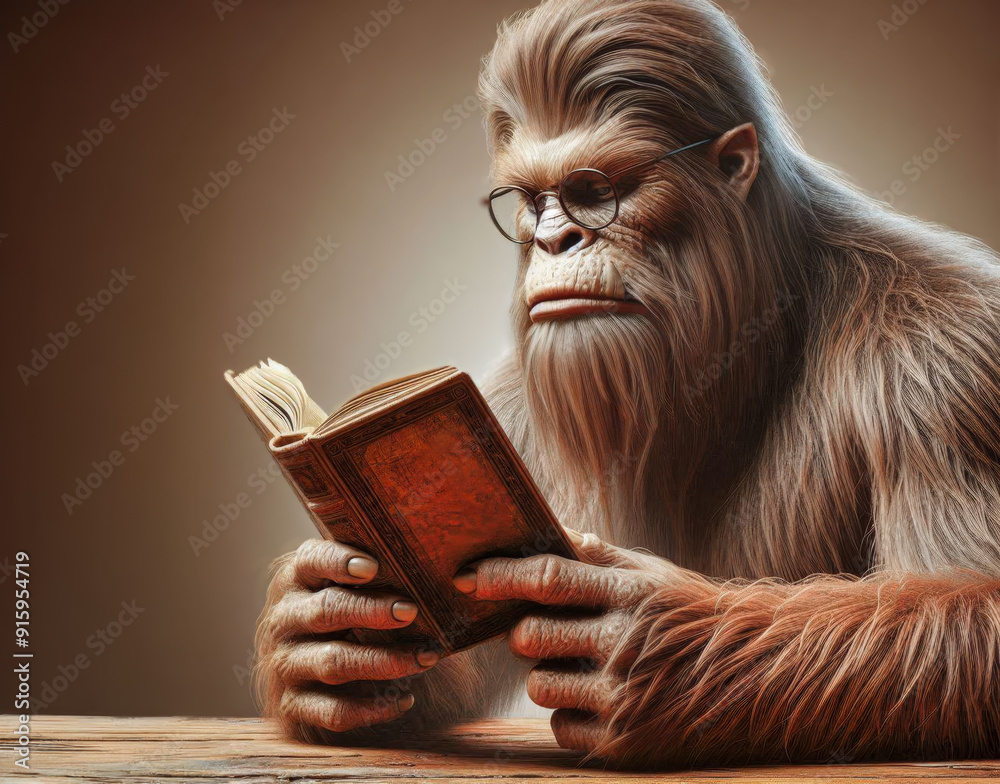 realistic big sasquatch, he is wearing reading glasses and reading an ...