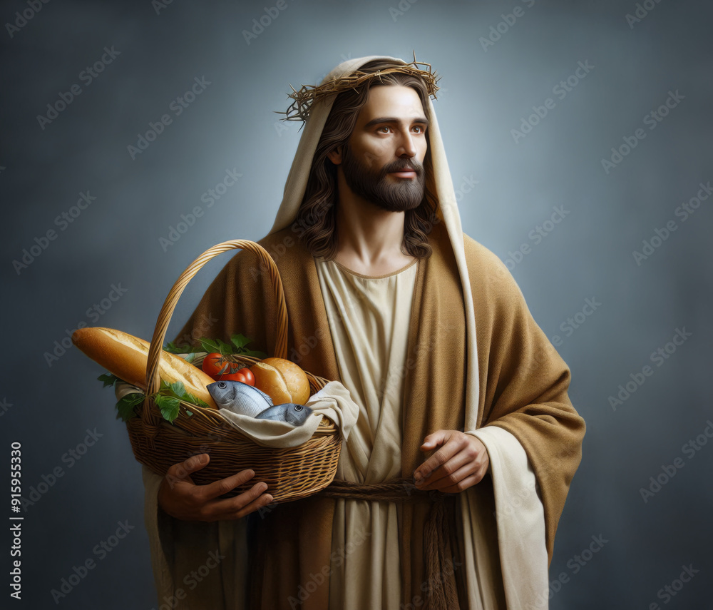 Jesus holding a basket with fish and bread. Biblical artwork featuring ...