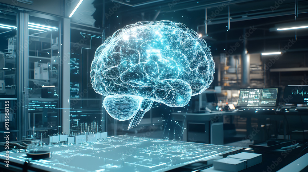 Artificial intelligence brain in factory lab for futuristic research, technology innovation and ...