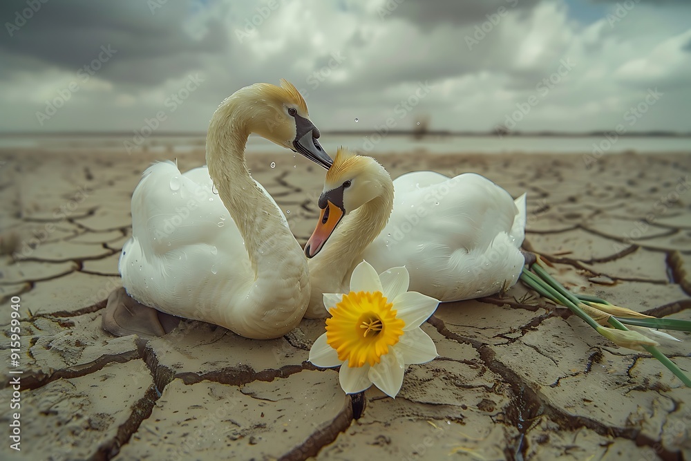 Full picture. A dying daffodil in drying lake. Swan couple are watering ...