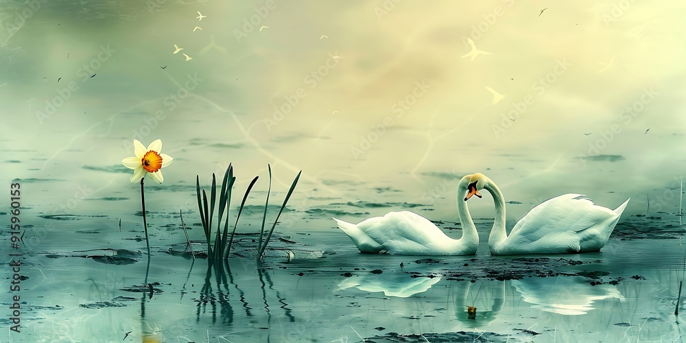 Full picture. A dying daffodil in drying lake. Swan couple are watering ...