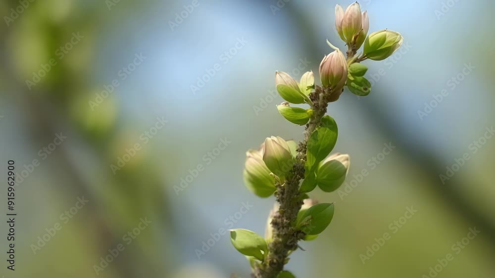 Detailed shot of a budding tree branch with tiny buds in various stages ...
