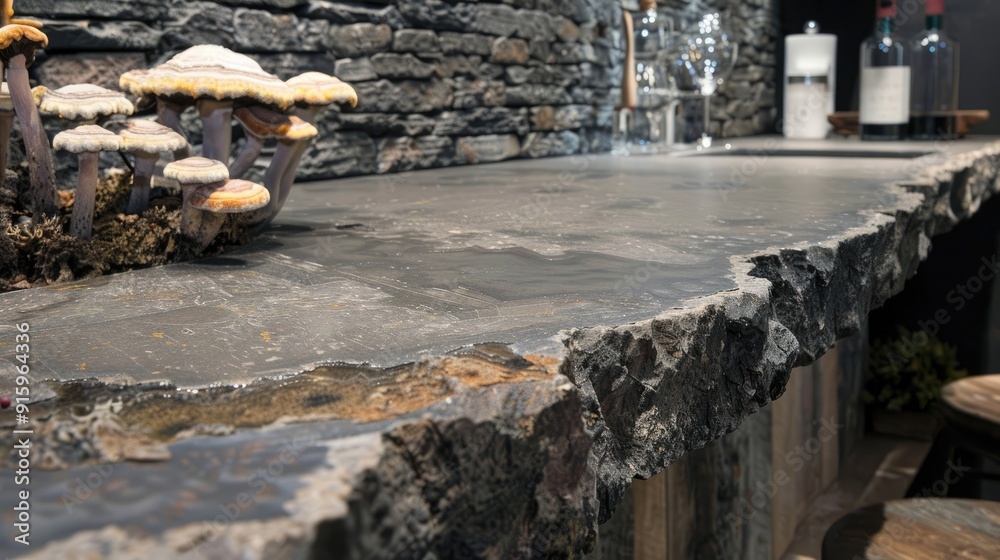 Product display with detailed natural stone ledge showing fungi ...