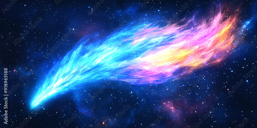 comet streaks across the night sky, leaving a vibrant, colorful train ...