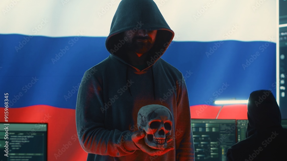 Russian hackers creating dark web maniac cybercrime in a control room ...
