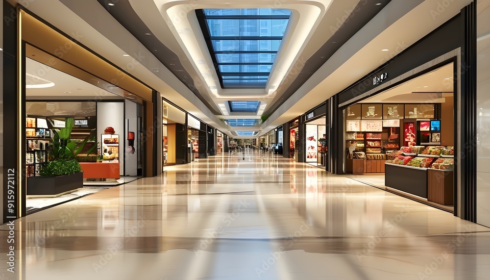 There are clean and tidy aisles in modern shopping malls, with ...