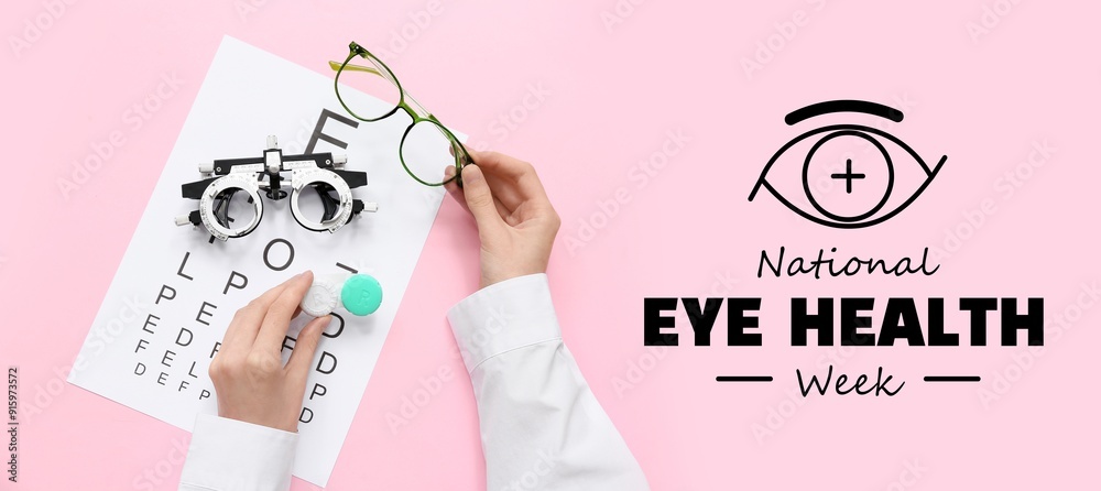 Banner for National Eye Health Week with doctor's hands with optical ...