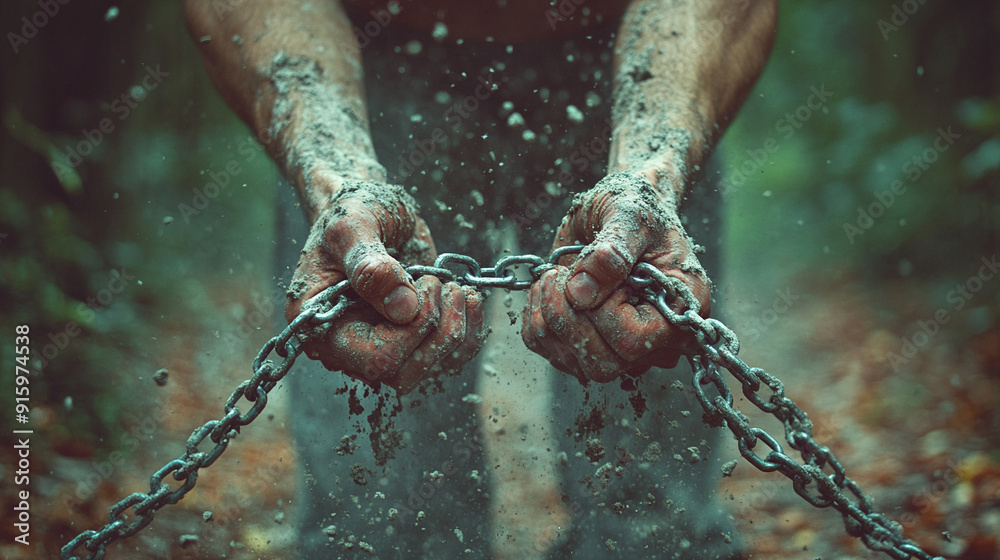 man stands in a natural field, breaking free from chains, symbolizing ...