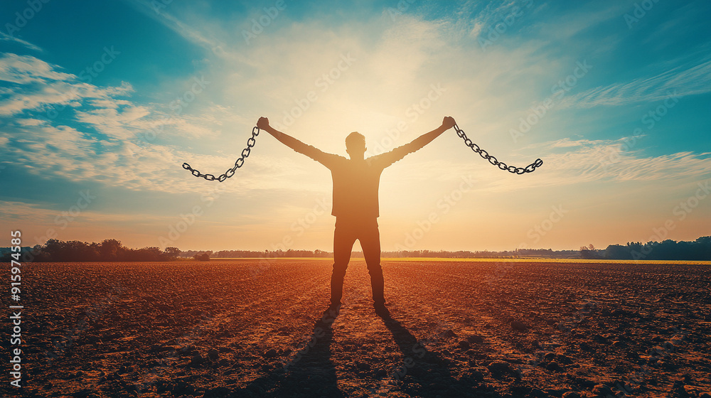 man stands in a natural field, breaking free from chains, symbolizing ...