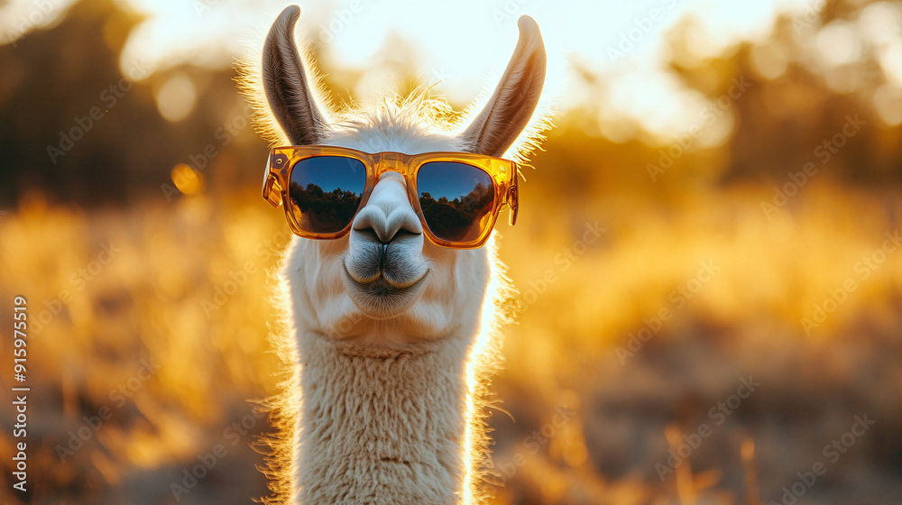 Llama Rockstar: A charismatic llama rocks aviator sunglasses, bathed in ...