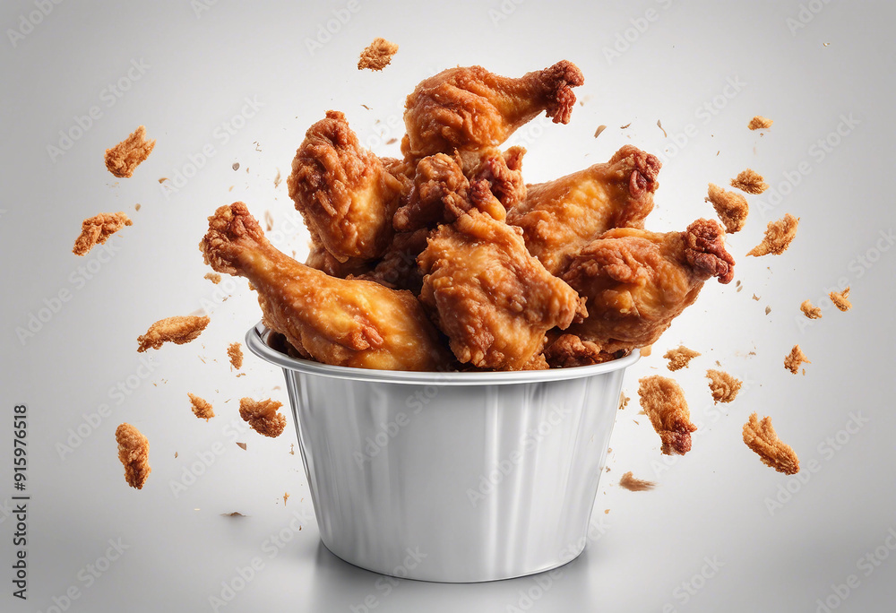 Fried chicken flying on paper bucket isolated on white background image ...
