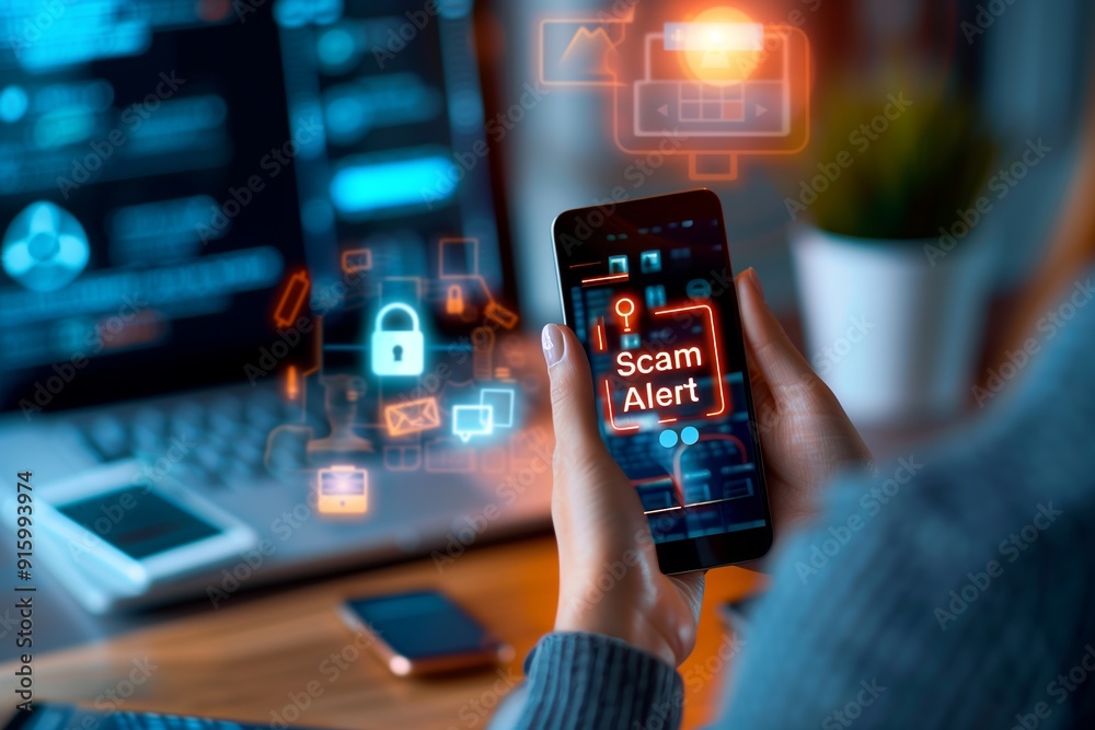 Person holding smartphone displaying "Scam Alert" warning with ...