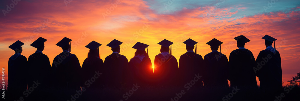 Silhouettes of students with graduate caps in a row on panoramic sunset ...