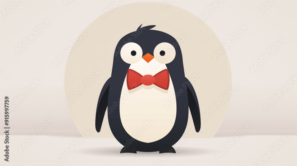 2D illustration of a penguin with a bow tie with basic shapes on a ...