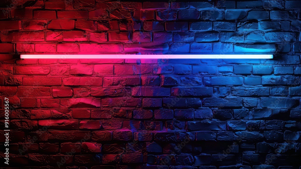 A brick wall with a single neon light in the middle. The bricks are ...