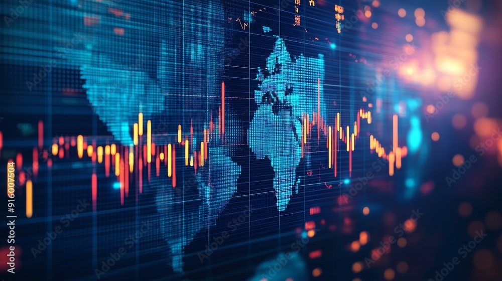 The background of the blue stock market chart with global elements and ...