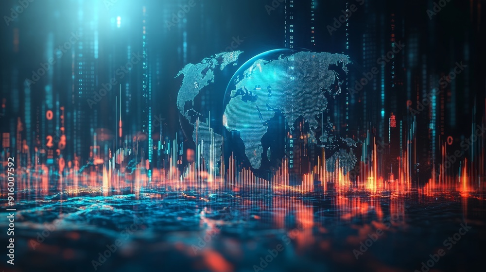 The background of the blue stock market chart with global elements and ...