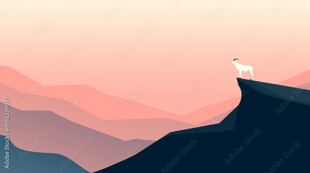 2D illustration of a goat on a mountain ledge with basic shapes on a ...