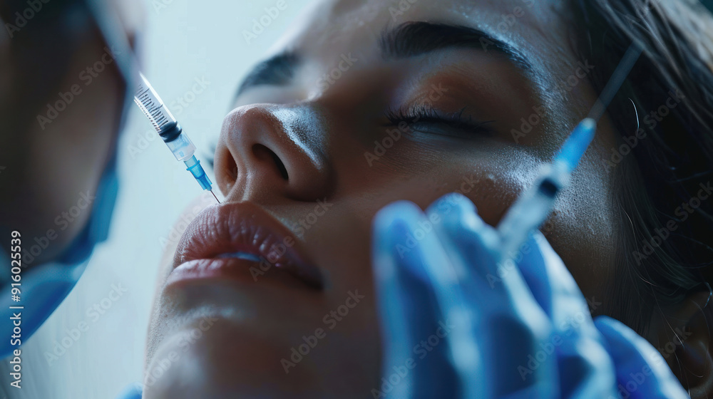 Beautician carefully administering chin filler injections, closeup on ...