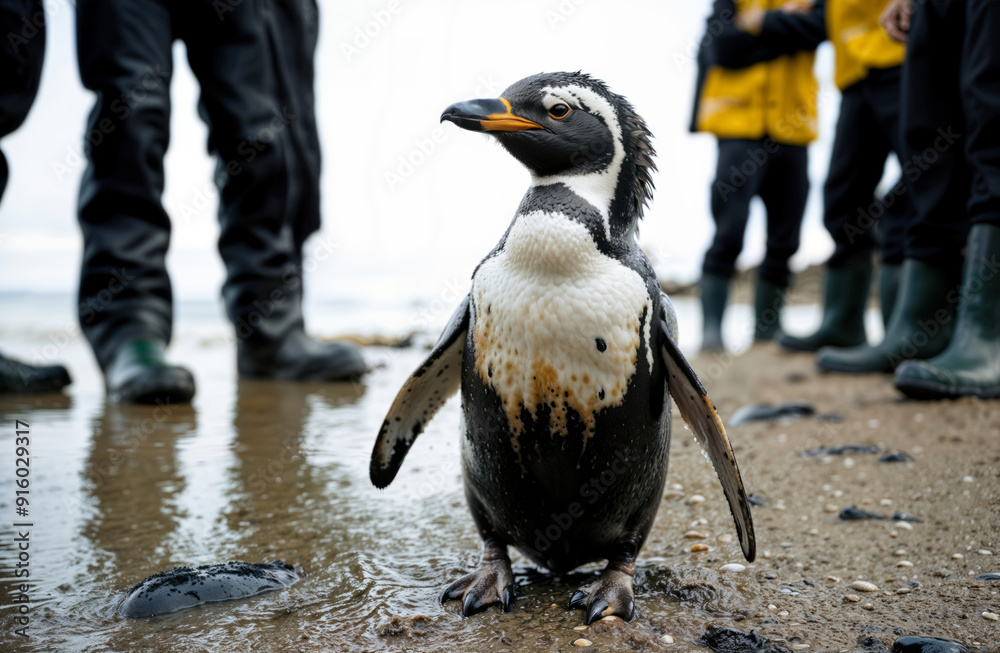 Oiled penguin standing on the seashore, penguin covered in oil at the ...