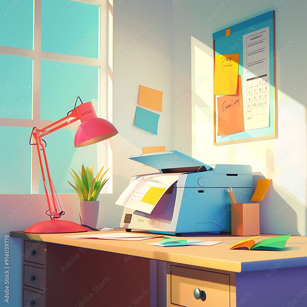 A cartoon office scene featuring a printer spitting out colorful papers ...