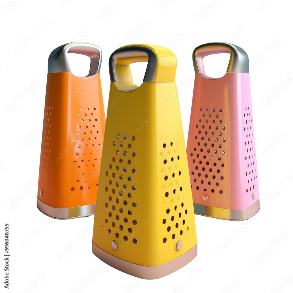 Three colorful cheese graters in orange, yellow and pink, isolated on ...
