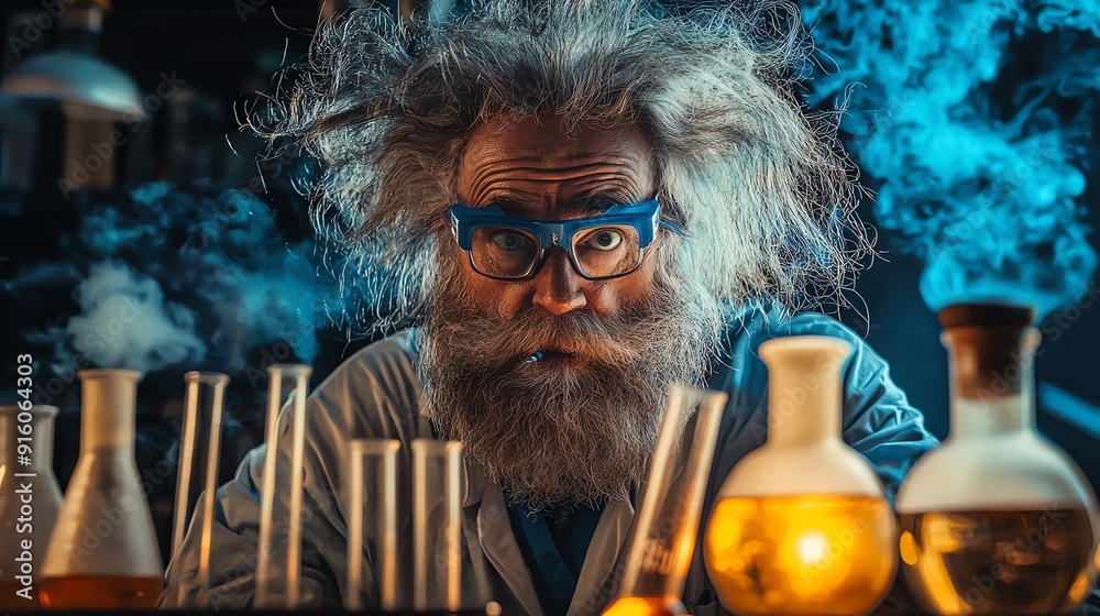 A mad scientist with wild hair and a beard stares intensely at his ...