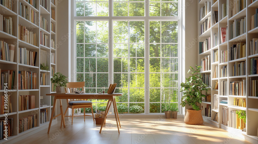 Zoom Background A bright and airy library white bookshelves with many ...