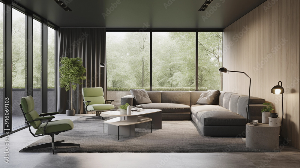 Zoom Background Modern Minimalist Office lounge with grey and green ...