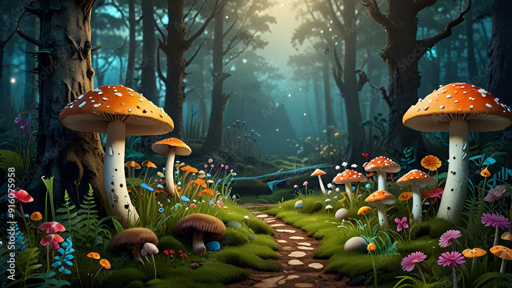Fantastic wonderland forest landscape with mushrooms and flowers ...