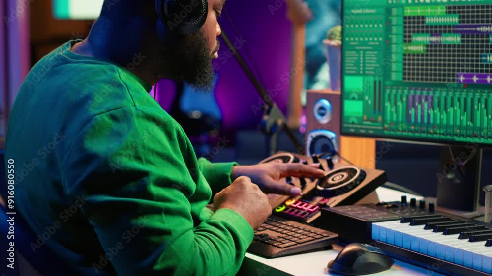 Skilled music producer composing new soundtracks on console and daw ...