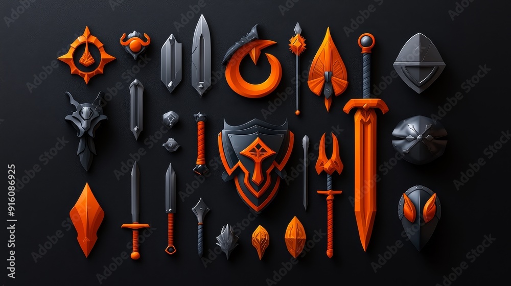Collection of various fantasy weapons and shields, featuring vibrant ...