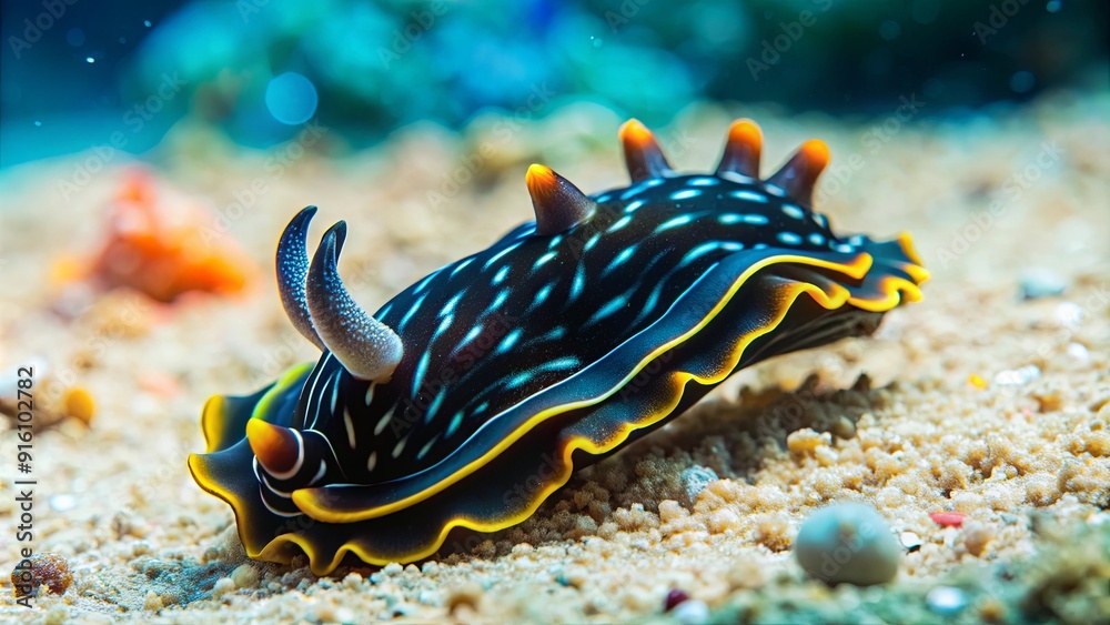 Real black nudibranch sea slug on sea sand floor in scuba dive ...