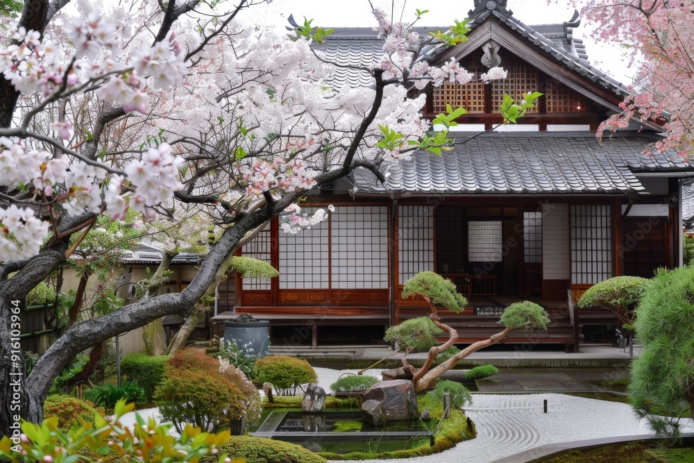 Traditional japanese front yard with a garden in front, featuring ...