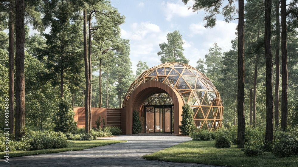 Modern geodesic dome home in a forest with a stone pathway leading to ...