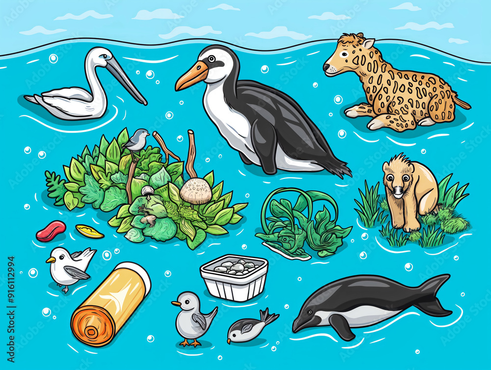 A cartoon drawing of various animals in a body of water, including a ...