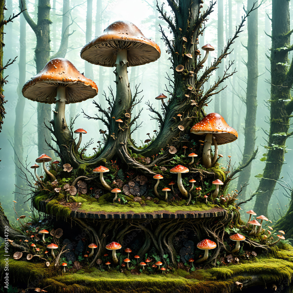 scary dark forest scenery with mushrooms, Halloween product display ...