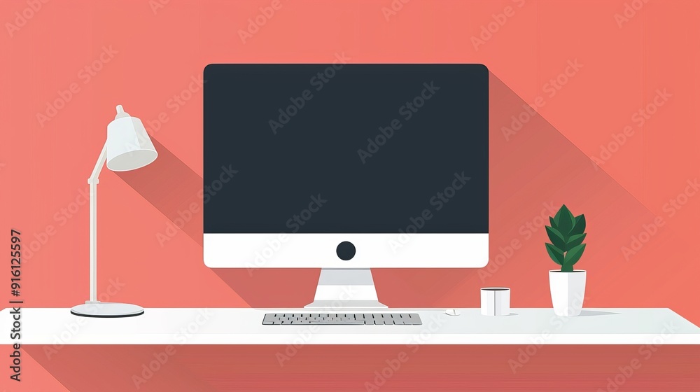 Basic computer setup, monitor and keyboard, uncluttered, 2D vector art ...