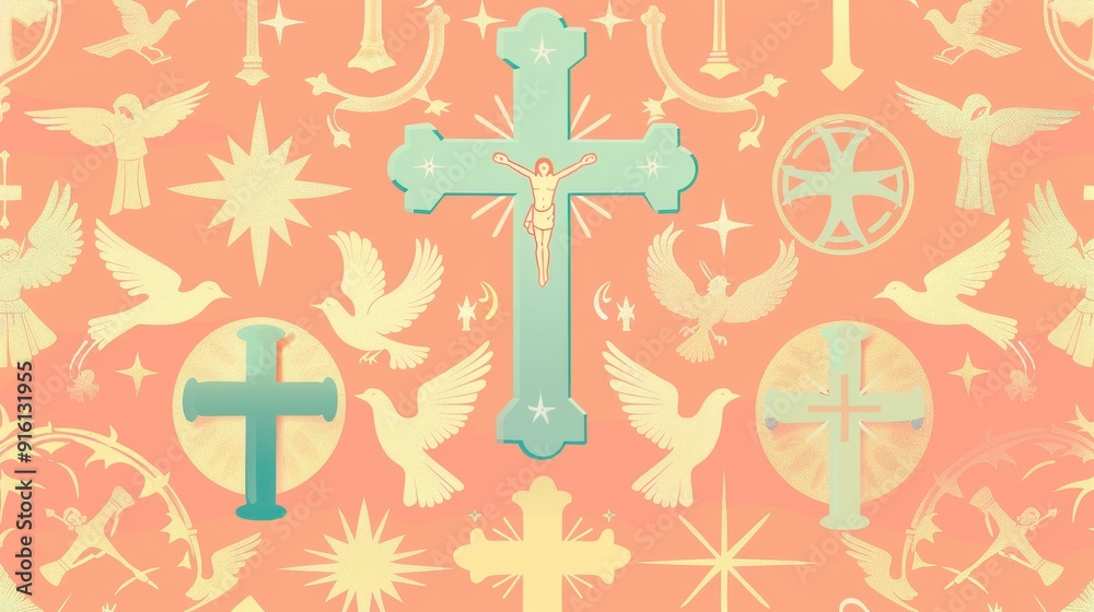 A vibrant cross is highlighted among doves and celestial symbols in a ...