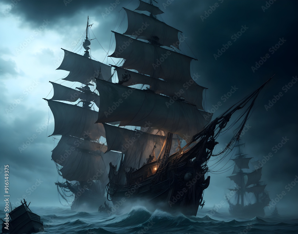 Creepy fleet of ships sailing on a stormy sea with a dark and dramatic ...
