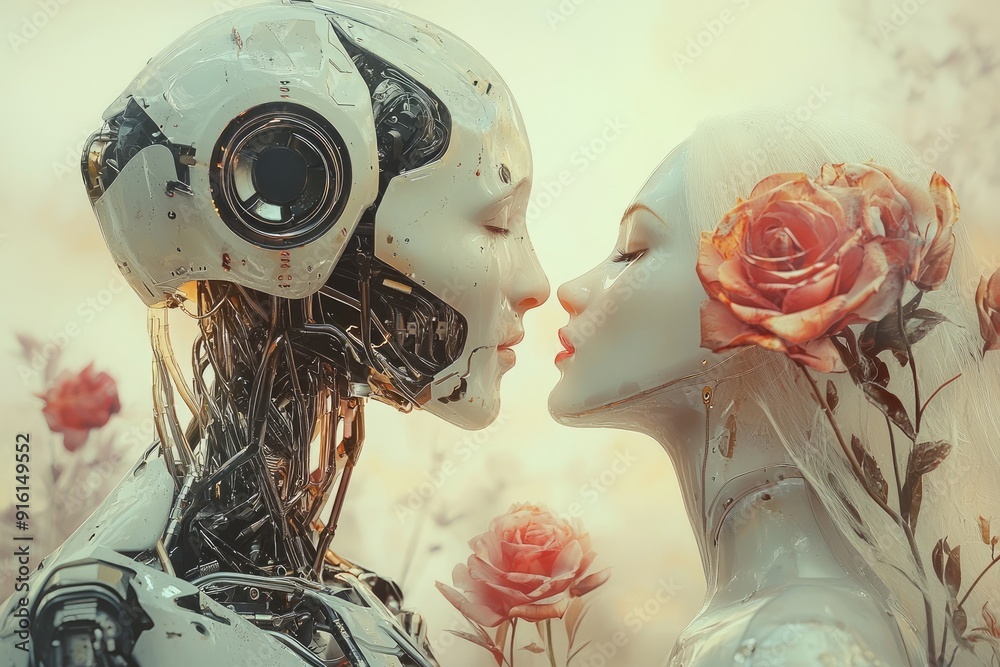 The love between a robot and a human. A girl is kissing a robot ...