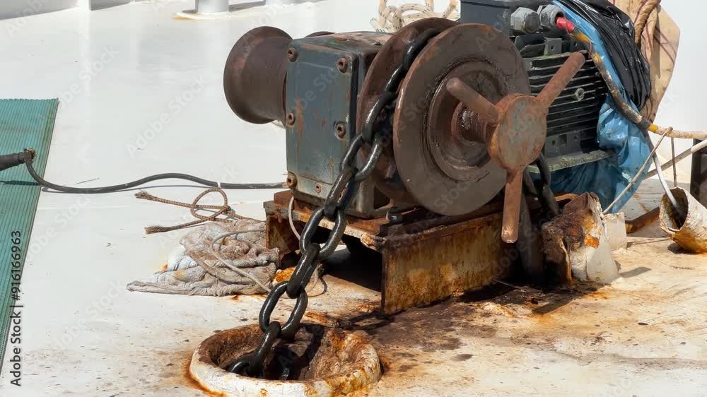 Anchor windlass of the motorboat. Large, diesel motor winds the chain ...