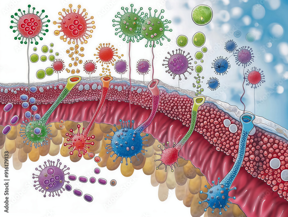 A colorful drawing of a cell with many different colored bacteria and ...
