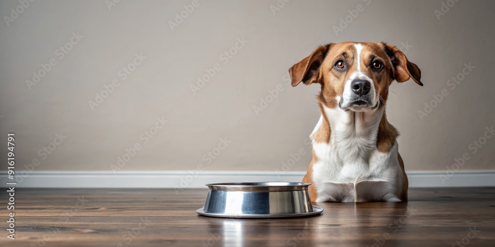 Domestic life scene with a hungry dog waiting for food, eagerly ...