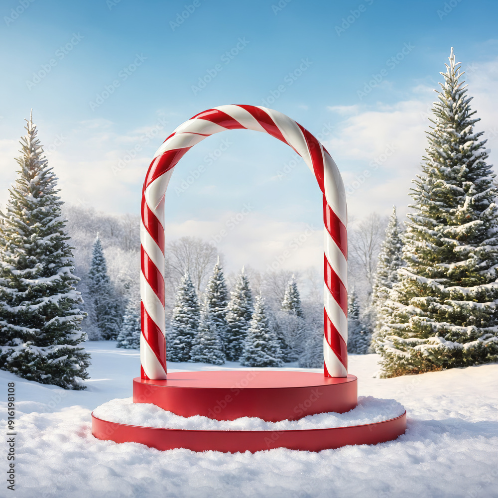 Christmas candy cane product display podium in the snow with product ...