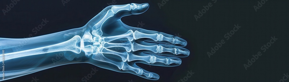 X-ray image of a human hand showing the bones in clear detail, isolated ...